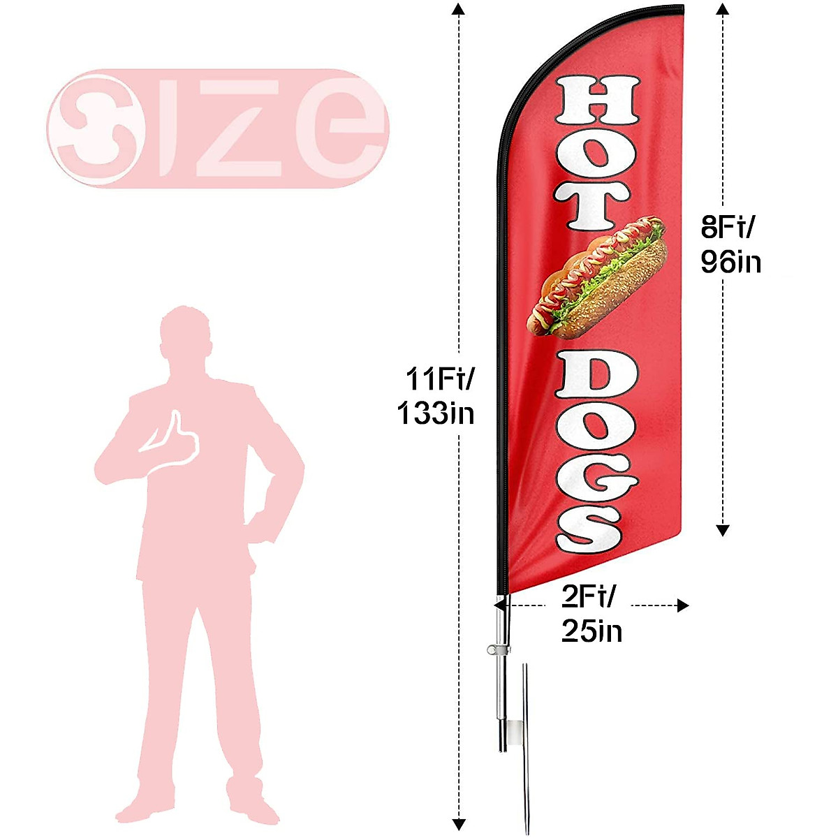 Hot Dogs Swooper Flag, Hot Dogs Feather Flags and Pole, Hot Dog Food Restaurant Advertising Swooper Flag Pole Kit with Ground Stake, Advertising Feather Banner Sign for Hot Dogs Business 11Ft (Red)