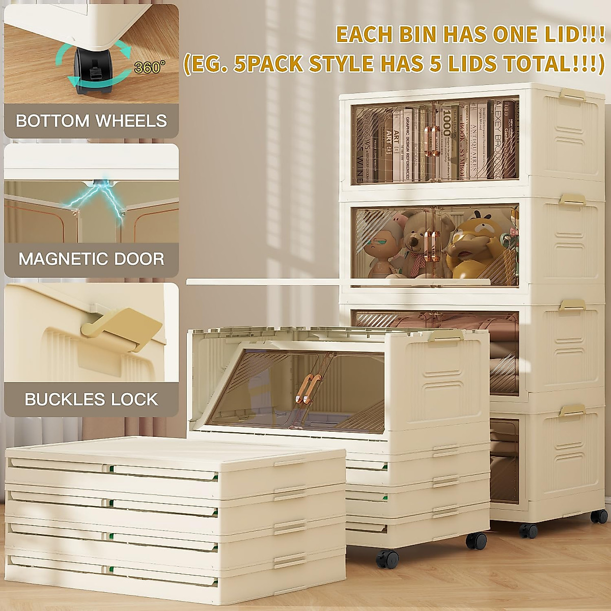 5 Storage Bins with 5 Lids, 23 Gal Collapsible Storage Bins, 5 Packs Stackable Storage Bins with Wheels,Large Closet Organizers and Storage, Double Door Stackable Storage Bins for Home, Ofiice, Dorm