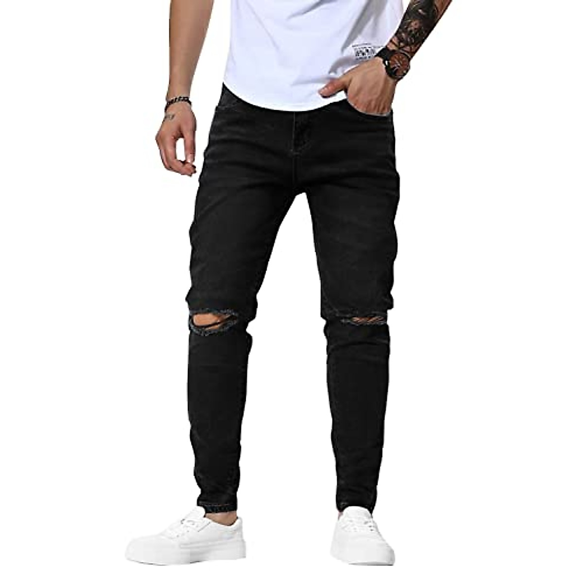 Woenzaia Black Ripped Skinny Jeans for Men Stretch Slim Fit Distressed Denim Jeans Tapered Jean Pants