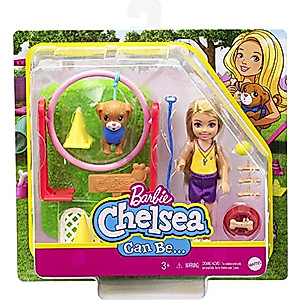 Barbie Chelsea Can Be Dog Trainer Playset with Blonde Chelsea Doll (6-in), Dog & Leash, Jumping Hoop, Obstacle Cones, Training Treats & More, Great Gift for Ages 3 Years Old & Up
