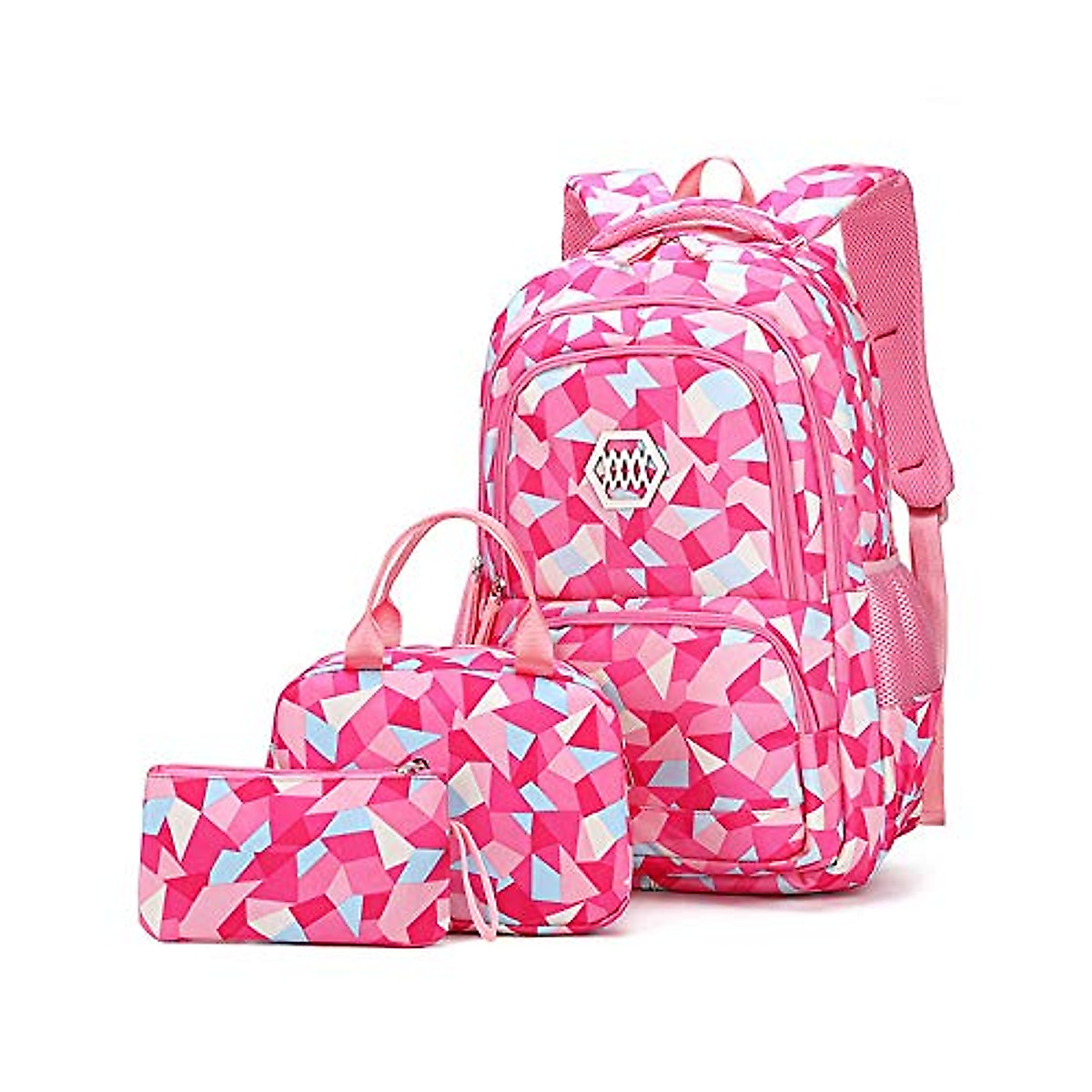 MITOWERMI 3Pcs Backpack for Girls Boys Kids Backpack with Lunch Box Pencil Case Water-resistant Lightweight Geometric-prints Bookbag for Elementary Middle School