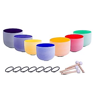 7"-12" 432Hz Chakra Tuned Set of 7 Colored Frosted Quartz Crystal Singing Bowl