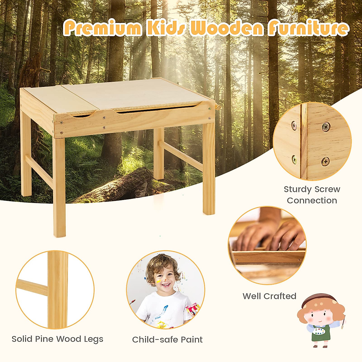 HONEY JOY Kids Table, 2 in 1 Toddler Wooden Activity Table with Paper Roll, Convertible Building Block Tabletop, 3 Storage Compartments, Children Furniture Set for Daycare, Playroom, Natural