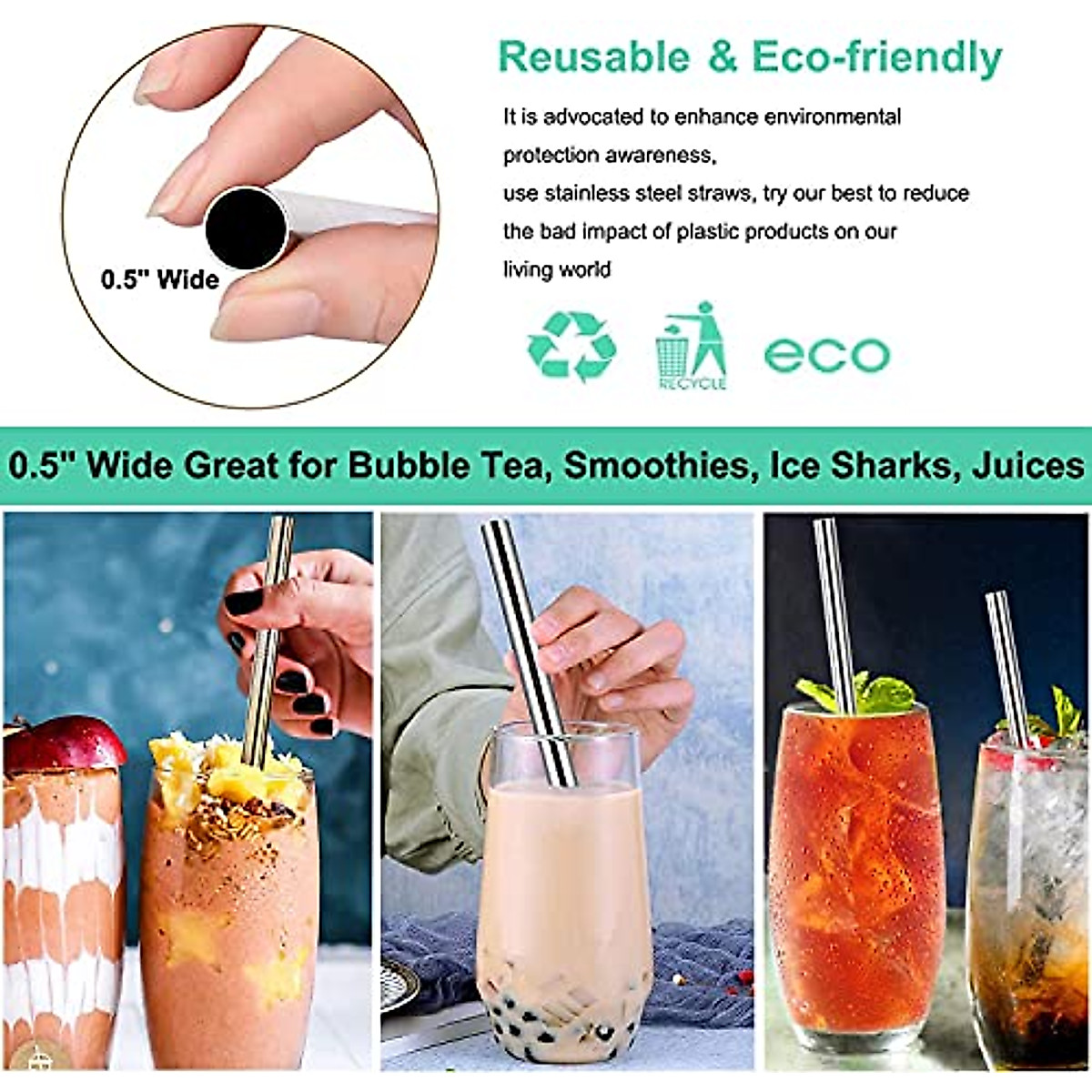 Vinaco Stainless Steel Boba Straws, 0.5'' Extra Wide Reusable Metal Drinking Straws for Milkshakes, Bubble Tea, Smoothie, Set of 6 Jumbo Drinks with 1 Cleaning Brush
