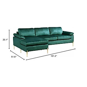 Devion Furniture 101" W Modern Design Velvet Sectional Sofa with Spacious Chaise, Cushioned Arms & Metal Legs in Green & Gold Finish