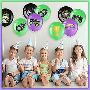 Silipull 54 Pcs Truck Balloons Birthday Party Decoration Truck Birthday Party Supplies 12 Inch Green and Purple Balloons Kit Race Car Decorations Latex Balloons for Truck Theme Birthday Baby Shower