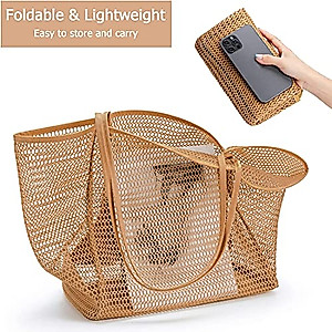 Sibalasi Beach Mesh Tote Bag With Zipper Casual Tote Bag Hobo Women Foldable Shoulder Bag For Beach Picnic Vacation (Khaki)