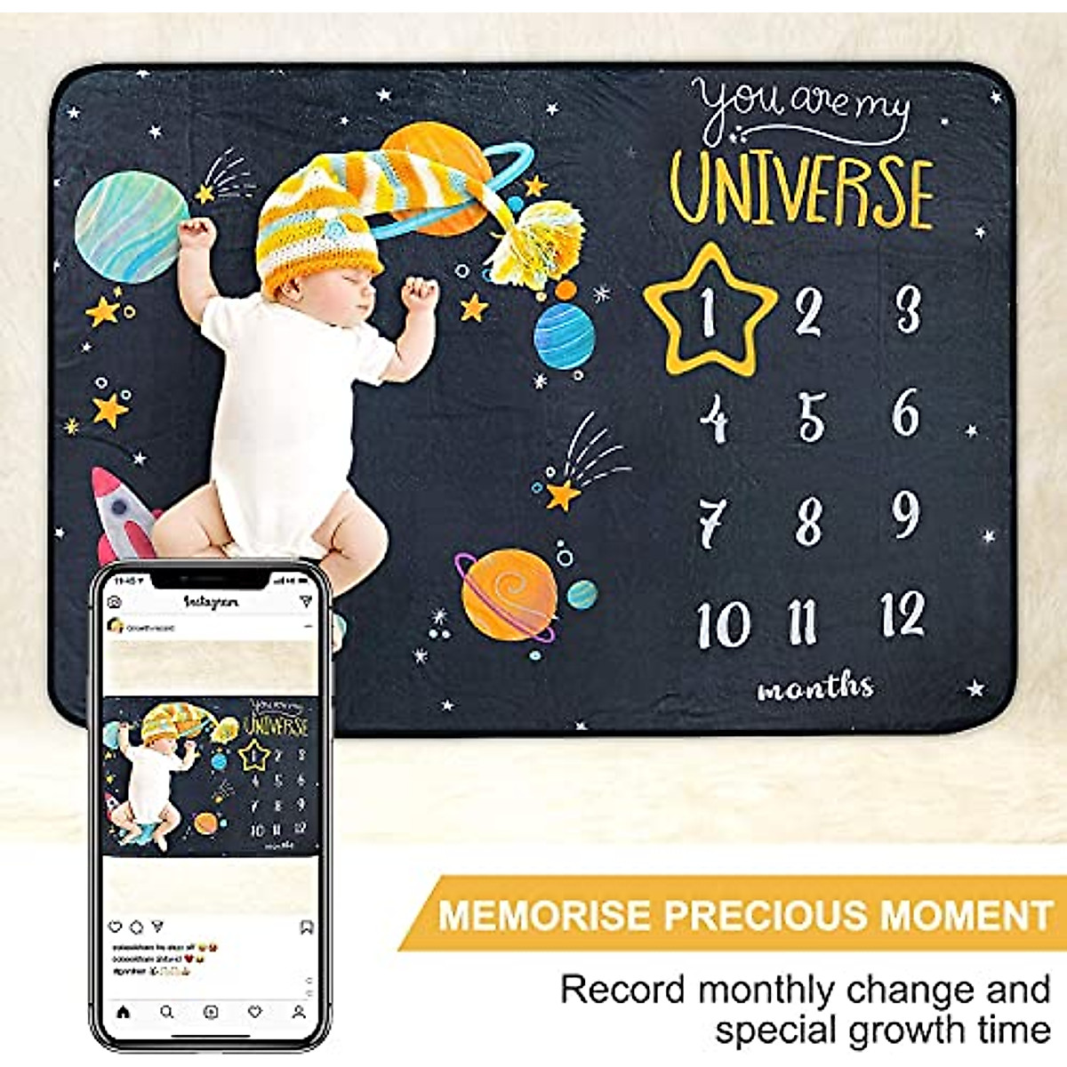 Baby Milestone Blanket - Cute Space Design Monthly Milestone Blanket for Baby Boy and Girl, Soft and Thick Flannel Material Wrapped with Milestone Stickers