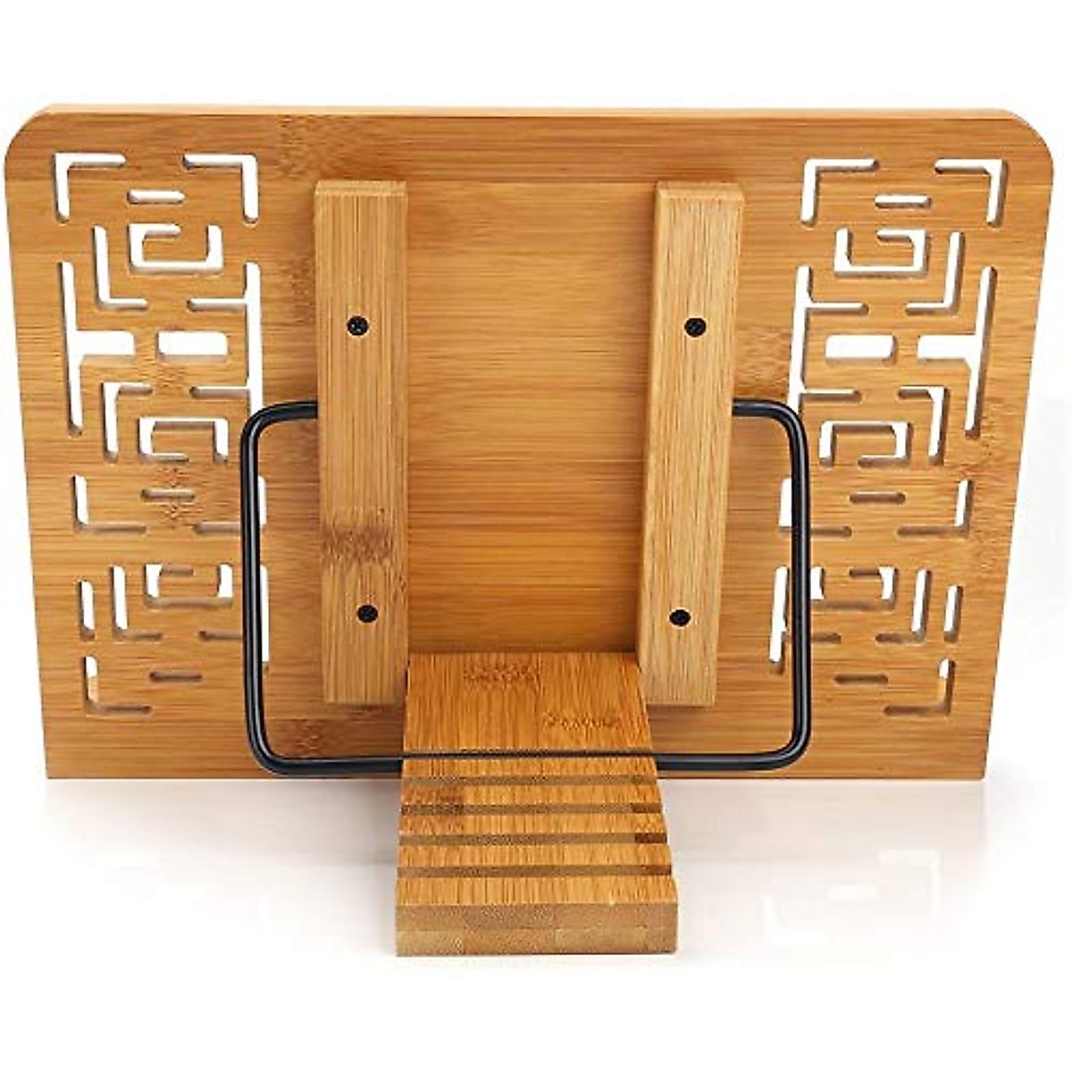 wishacc Bamboo Book Stand Reading Rest Holder Cookbook Cook Stand/Foldable Tablet PC Textbook/Music Document Stand/Desk Bookrest with Retro Hollow Elegant Pattern