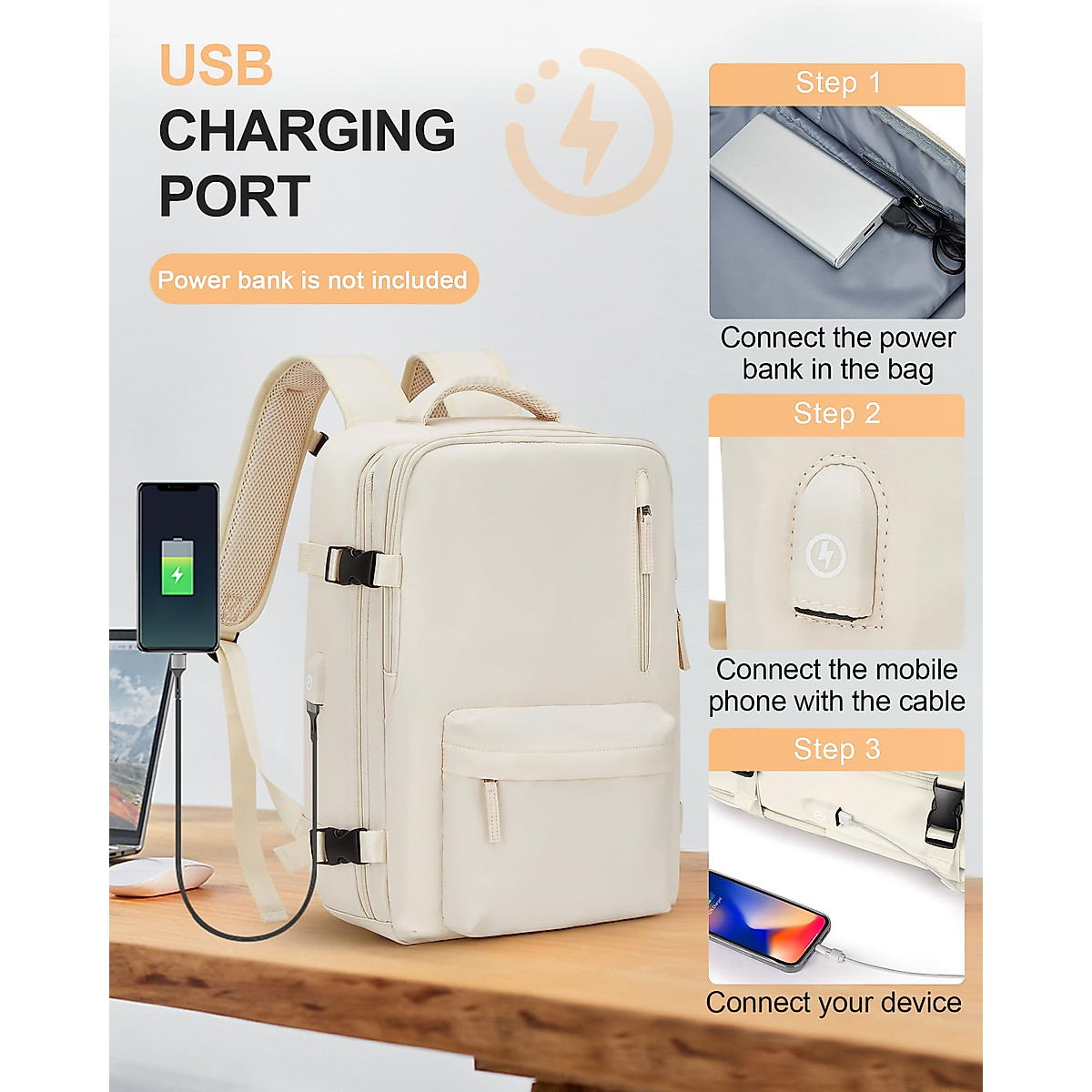 WONHOX Carry on Travel Laptop Backpack for Women Men, Flight Approved,Backpack, Hiking Outdoor Sports Rucksack Casual Daypack Bag Backpack, Beige Simple