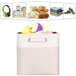 Fabric Cube Storage Boxes Foldable Storage Bins Silver Khaki and Beige Patchwork Storage Baskets Cube Storage Bins with Handle Cubes Inserts Storage for Home and Office Supplies 13x13x13 cube organizer bin 3 Pcs/Pack