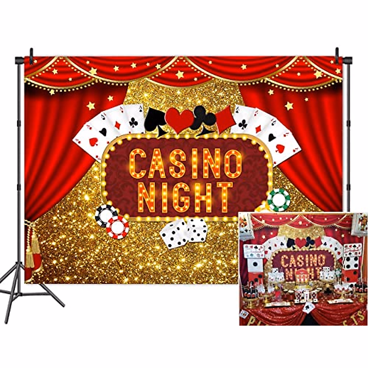 Vinyl 8X6FT Casino Night Poker Dice Red Curtains Photography Backdrop Gold Glitter Bokeh Photo Background Birthday Party Banner Decorations Banner Photo Booths Studio Props Dessert Table