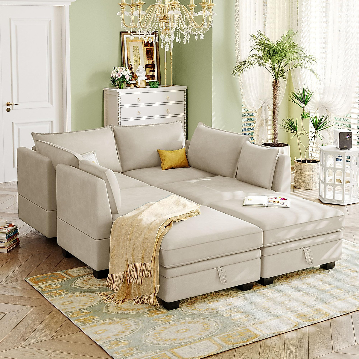P PURLOVE Modern Large Sectional Sofa, U-Shape Modular Sectional Sofa with Storage Function and 2 Pillows, Convertible Sofa Bed with Reversible Chaise for Living Room, Beige