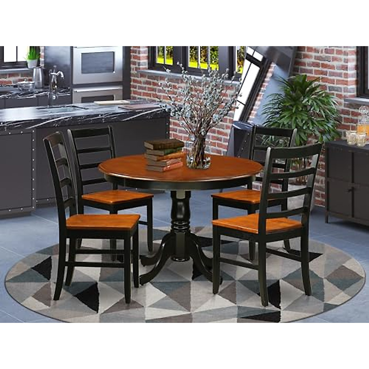 East West Furniture HLPF5-BCH-W 5 Piece Dining Room Furniture Set Includes a Round Dining Table with Pedestal and 4 Wood Seat Chairs, 42x42 Inch, Black & Cherry
