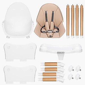 JOYMOR 5-in-1 Convertible Baby High Chair for Babies and Toddlers, Table and Chair Set, Wooden Infant Eating Highchair with Leather Seat Cushion, 4-Position Removeable & Adjustable Tray (Biege)
