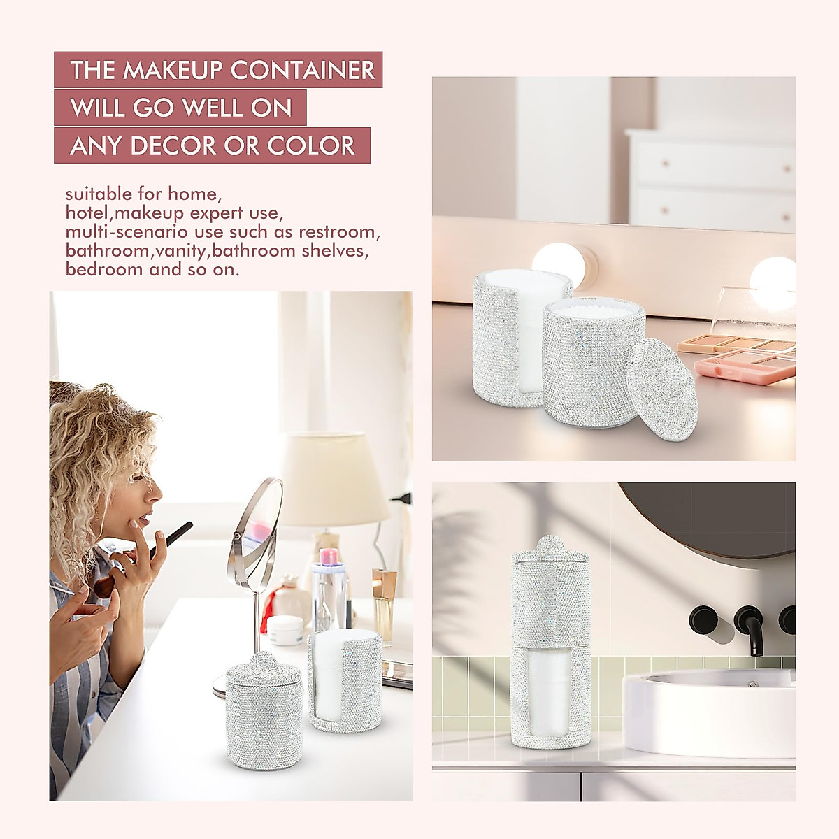 KEYPOWER Bling Rhinestone Cotton Ball Pad Swabs Make Up Pads Dispenser Holder Acrylic Jar with Lid Multi-function Organizer Container (White)