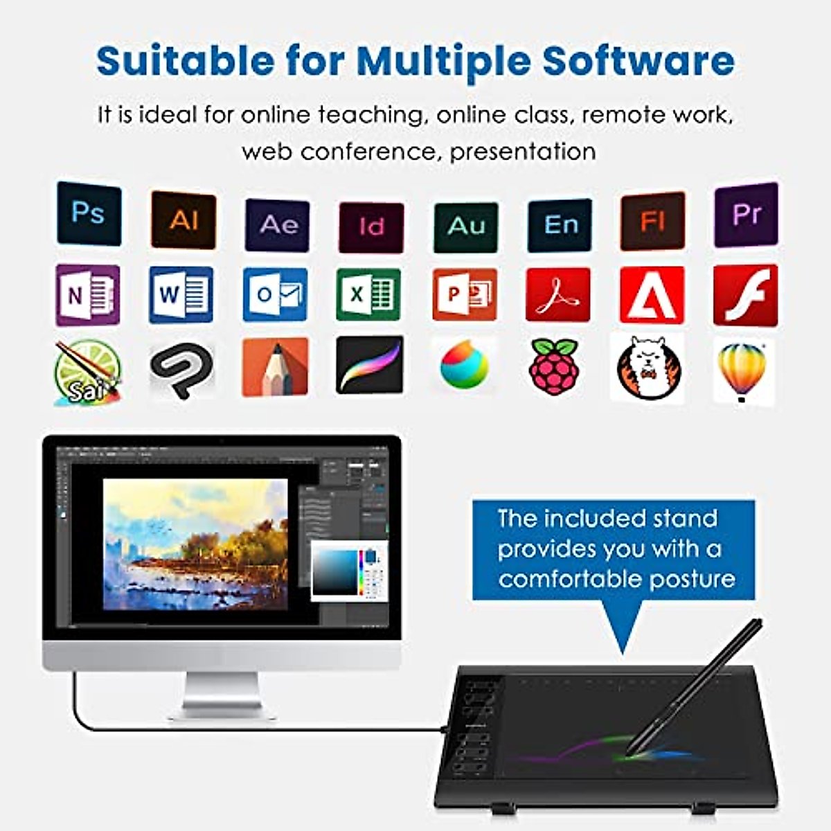 XOPPOX Graphics Drawing Tablet 10 x 6 Inch Large Active Area with 8192 Levels Battery-Free Pen and 12 Hot Keys, Compatible with PC/Mac/Android OS for Painting, Design & Online Teaching