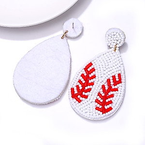 NLCAC Beaded Baseball Teardrop Earrings Handmade Statement Beaded Drop Dangle Earrings Sports Earrings Holiday Party Game Jewelry for Women White