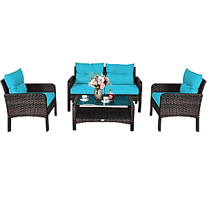 Tangkula 4 Piece Patio Furniture Set, Outdoor Wicker Conversation Set with Glass Top Coffee Table, All Weather Proof and Thick Cushions, Suitable for Porch, Garden, Poolside and Lawn (Turquoise)