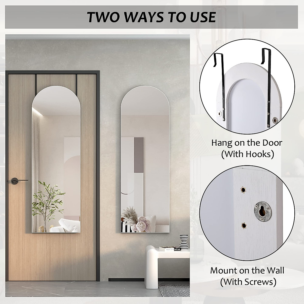 Kasibie Arched Full Length Mirror, 47"x14.5" Wall Mounted Mirror, Over The Door Hanging Mirror, Arched Mirror for Bedroom Living Room (White)