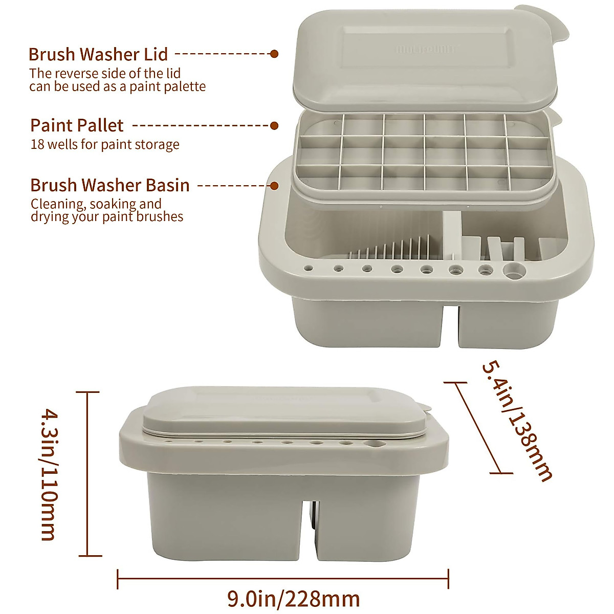 MyLifeUNIT Paint Brush Cleaner, Paint Brush Holder and Organizers with Palette for Acrylic, Watercolor, and Water-Based Paints (Grey)