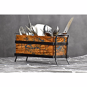 Utensil Caddy Silverware Cutlery Holder with 3 Compartment, Wooden Utensil Crock Flatware Organizers with Iron Stand, Rustic Kitchen Utensil Organizers for Farmhouse Kitchen and Countertop