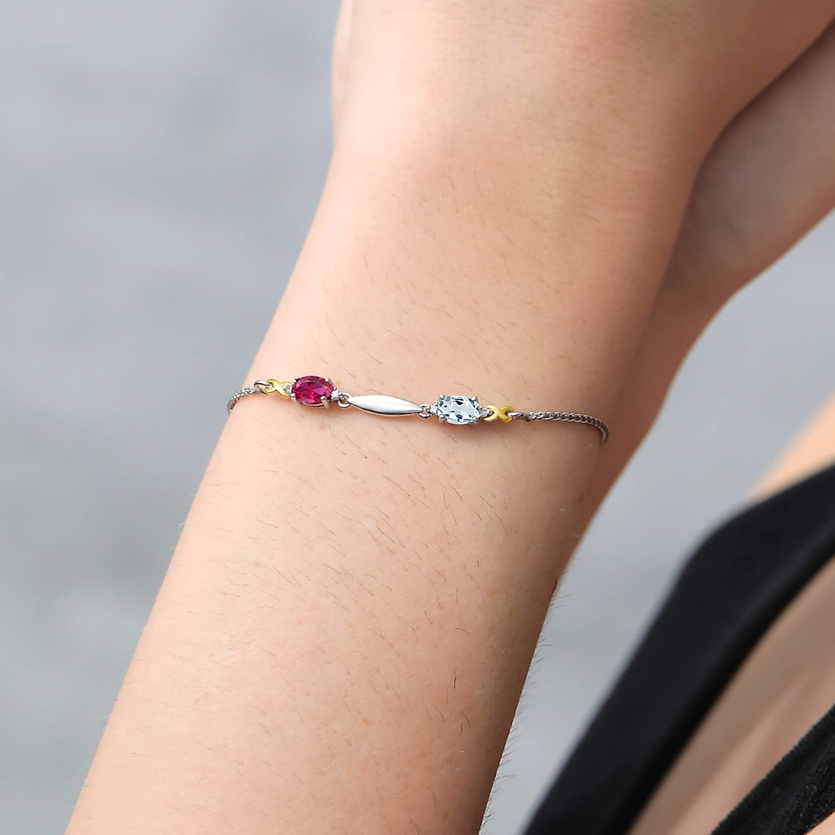 Gem Stone King 1.04 Ct Red Created Ruby Sky Blue Aquamarine 925 Silver and 10K Yellow Gold Lab Grown Diamond Bracelet For Women