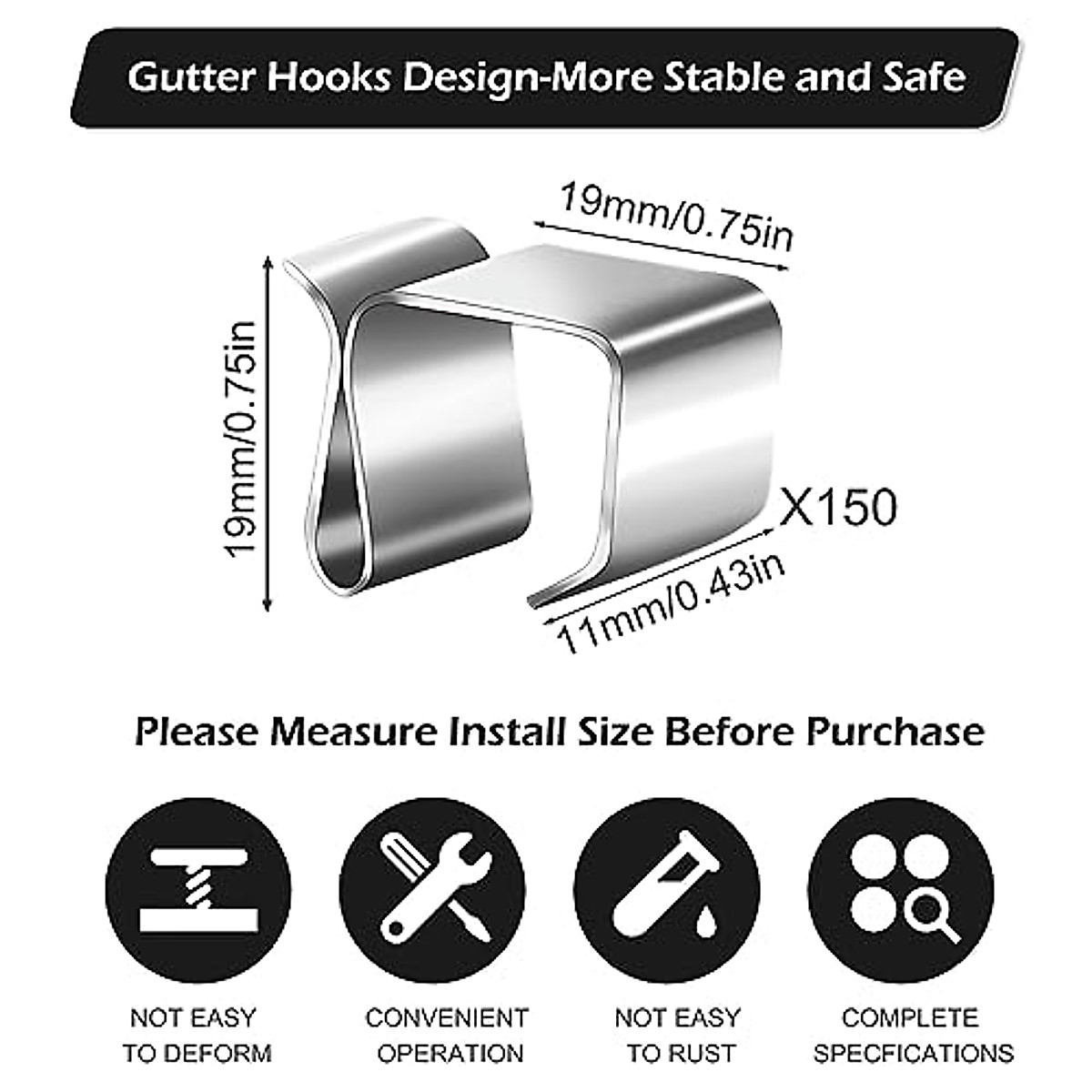 Emsiok 150PCS Metal Christmas Light Gutter Hooks, Galvanized Manganese Steel, Ideal for Outdoor String Lights