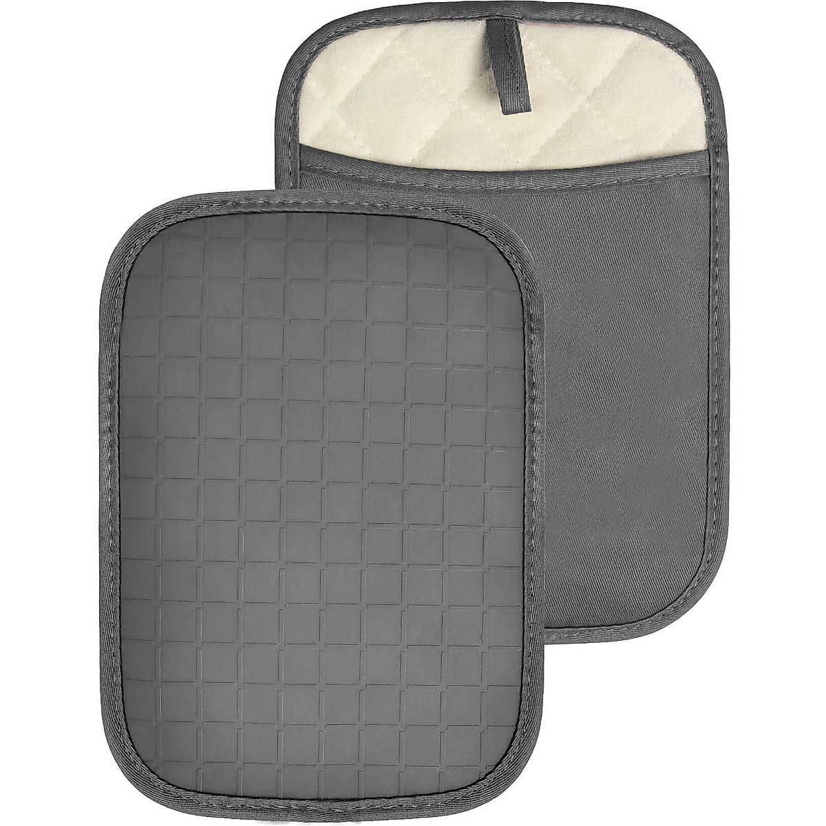 HOMWE Silicone Kitchen Pot Holders with Pockets, 2 Pc Set Trivet, Steam and Heat Resistant Hand and Countertop Protection Hot Pads, Non-Slip Grip potholders, Terrycloth Interior Lining, Gray