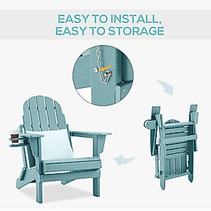 MELLCOM Folding Adirondack Chair with Cup Holder, All-Weather HDPE Fire Pit Chairs, 5 Steps Easy Installation, Widely Used in Patio, Pool Side, Deck, Backyard, Garden, Aruba Blue…
