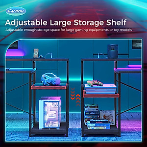 AODK Computer Desk, 48 Inch Gaming Desk with Led Lights & Power Outlet, Office Desk with Printer Storage Shelves, Reversible Desk with Monitor Shelf & Headphone Hook, Carbon Fiber Black