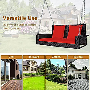 Happygrill 2-Person Porch Swing Bench Outdoor Patio Rattan Swing Chair with Soft Cushions, 7.9ft Reinforced Steel Chain, Solid Steel Frame, Perfect for Backyard, Poolside, Front Porch