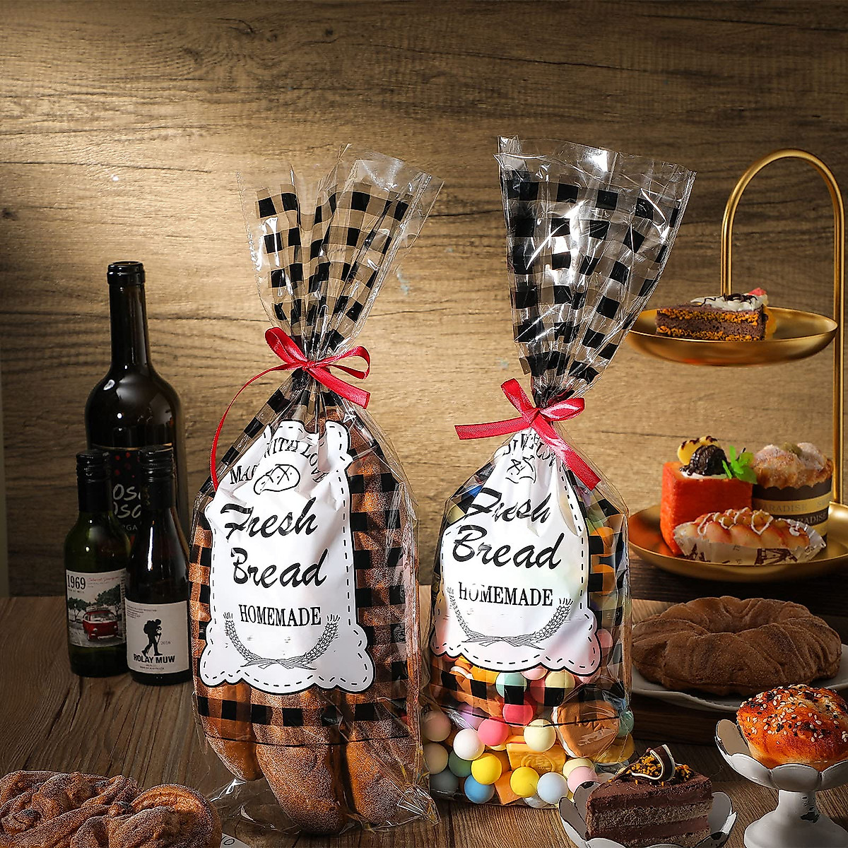 Plastic Bread Bags with 1 Roll Tie Ribbon Large Transparent Clear Bakery Bags Buffalo Plaid Grocery Christmas Bread Bags for Homemade Bread Daily Use, 18 x 8 Inch (50 Pieces)