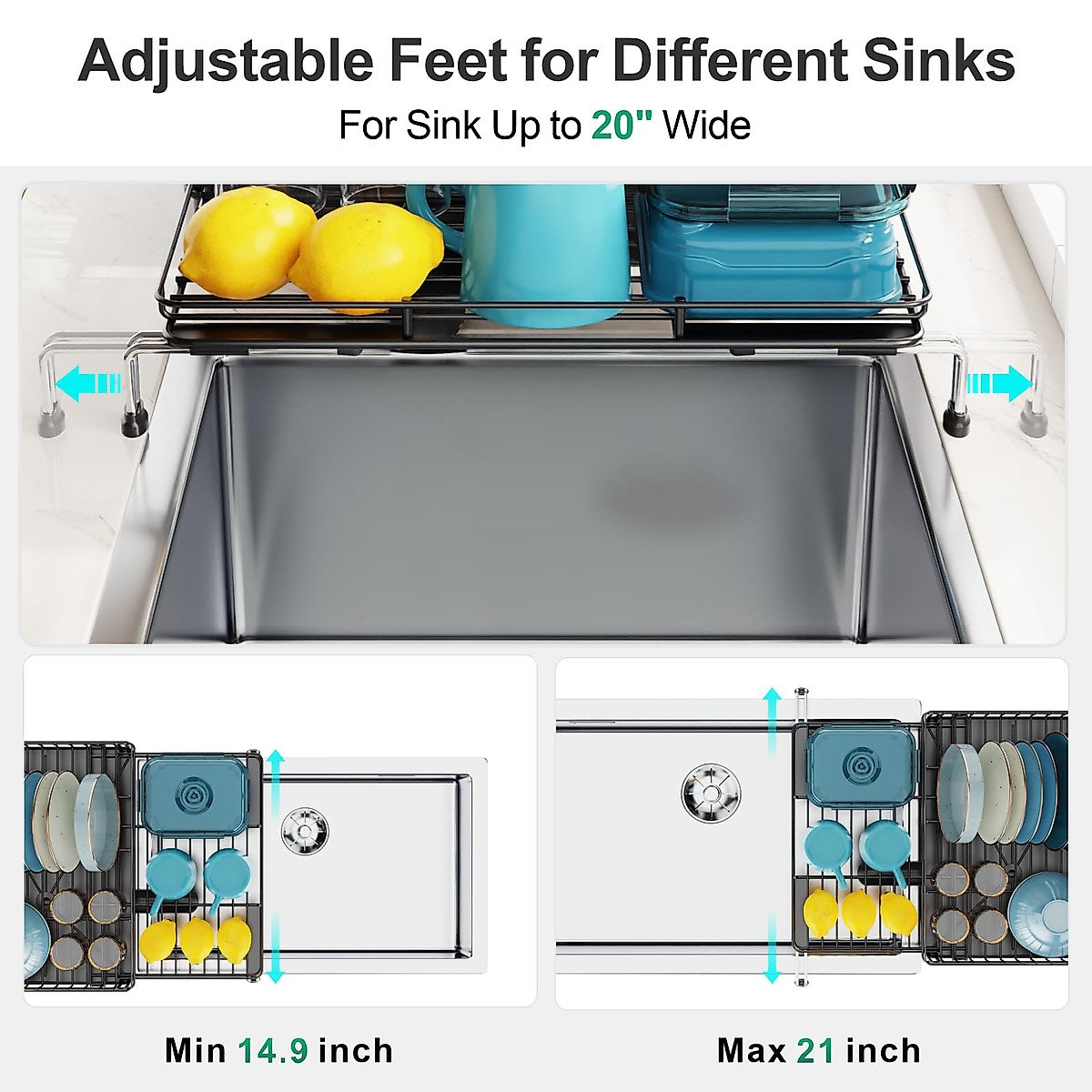 GSlife Expandable Dish Drying Rack - Large 2-in-1 Dish Racks for Kitchen Counter and Sink, Sink Dish Drainer with Drainboard, 2 Pan Slots and Utensil Holder, Black