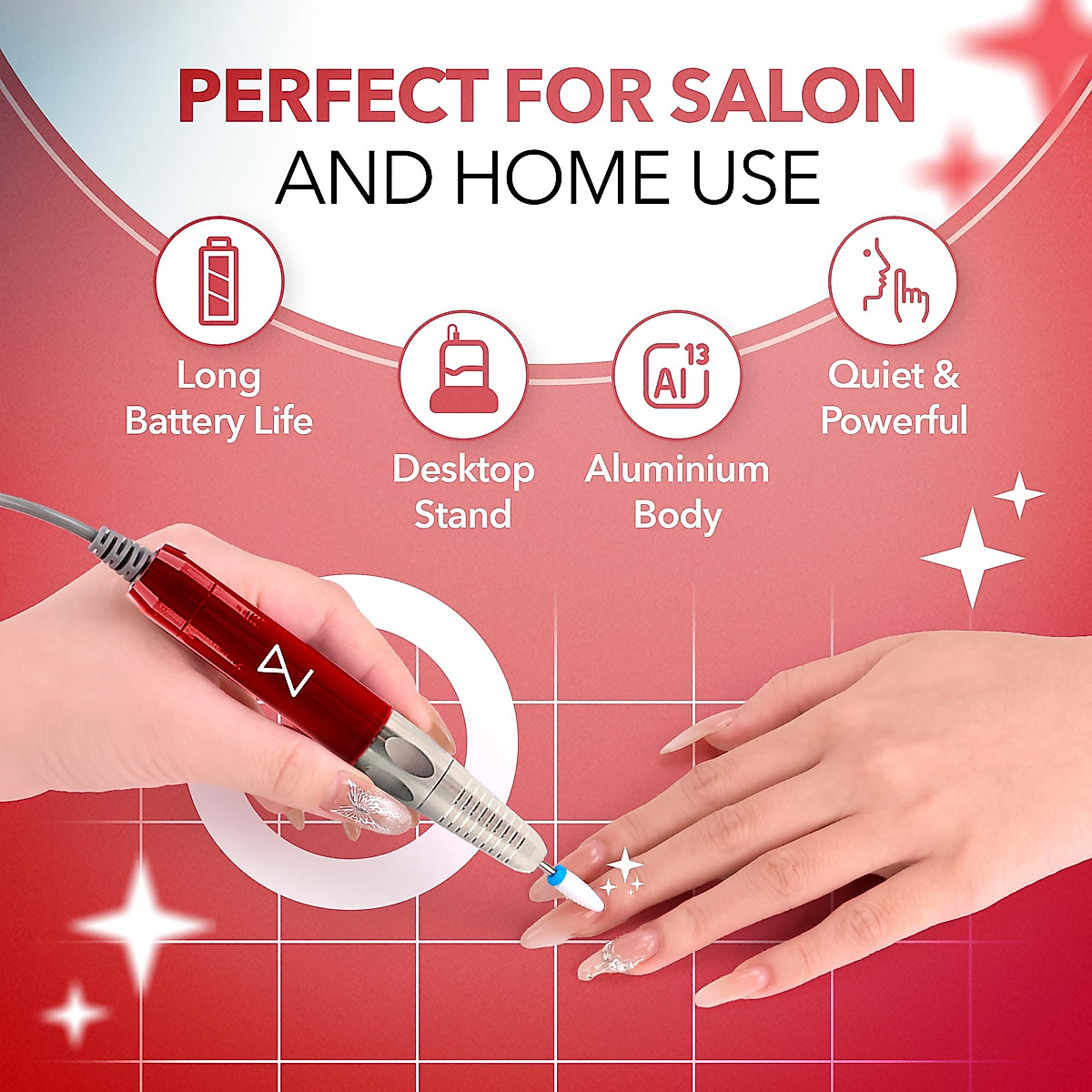 M Max - Nail Drill Professional - 2-in-1 Brushless Motor Nails Drill Machine - Electric, Cordless, Aluminium Alloy Casing, 35000 RPM, HD Display - Perfect for Salon & Home Use (Red)