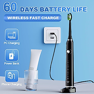 JTF Sonic Electric Toothbrush for Adults - Teeth Whitening Toothbrush with 6 Brush Heads and a Travel Case, Fast Charging for 60 Days Use Waterproof Toothbrushes, Black