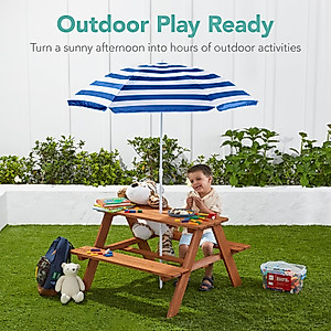 Best Choice Products Kids Wooden Picnic Table, Outdoor Activity & Dining Table w/Adjustable Collapsible Umbrella, Built-in Seats - Golden Brown/Navy