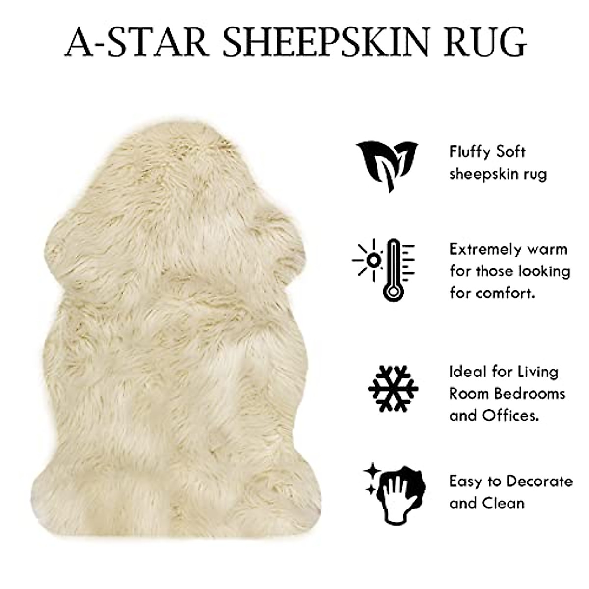 Sheepskin Natural Fluffy Fur Rug Genuine Single Pelt Luxuxry 2 x 3 Ivory White Sheep Skin Area Rug for Bedroom (24Inch x 36Inch, 60.96cm x 91.44cm)