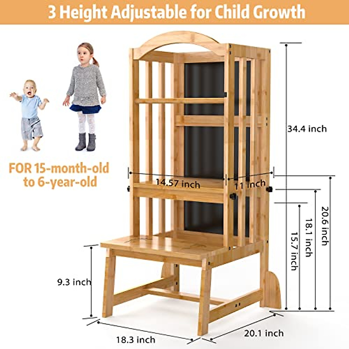 DORPU Learning Step Stool for Kids, Adjustable Height Toddler Kitchen Standing Tower with Double-Side Art Board, Natural