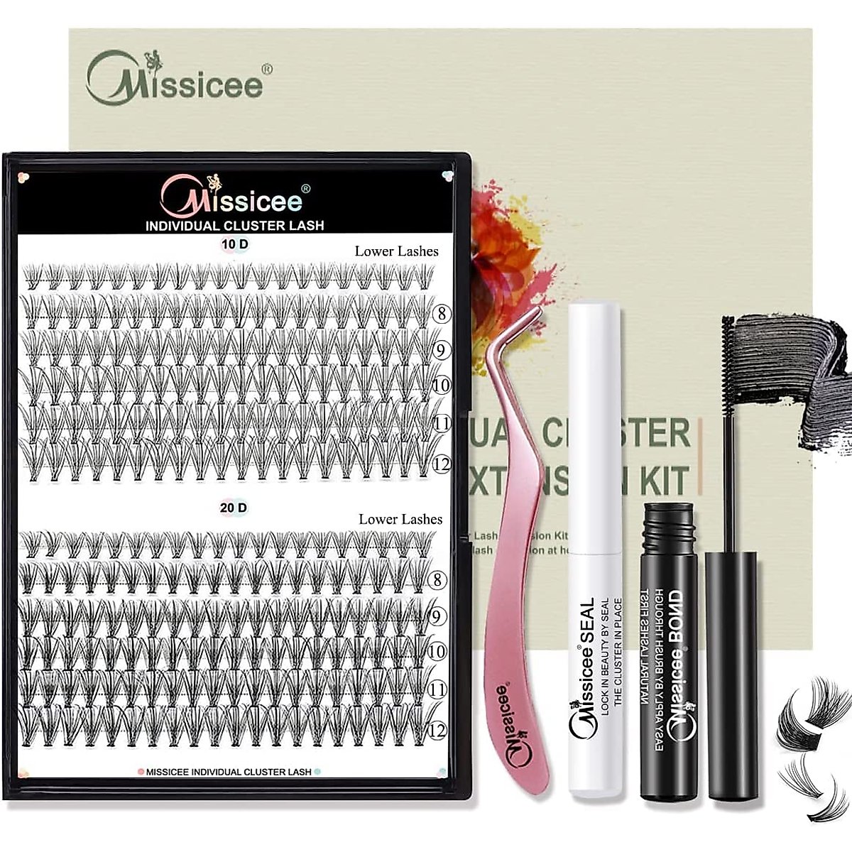 DIY Lash Extension Kit, Missicee Individual Lashes Kit with 240 Pcs Lash Clusters 5ml Cluster Lash Bond and Seal 1 Eyelash Applicator for Beginner DIY at Home Easy to Apply (10D+20D-C Curl-8-12 mix)