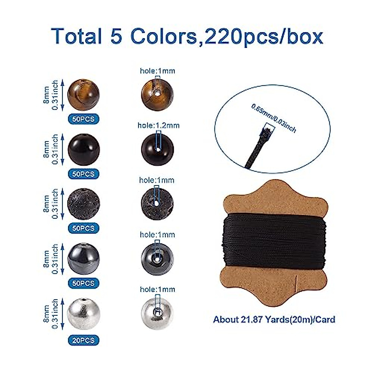 FASHEWELRY Mala Yoga Men Bracelet Making Kit - 220pcs Natural Gemstone Lava Rock Tiger Eye Beads Healing Crystal Chakra Stone Beads with Black Nylon String for Essential Oil Diffuser Jewelry Making