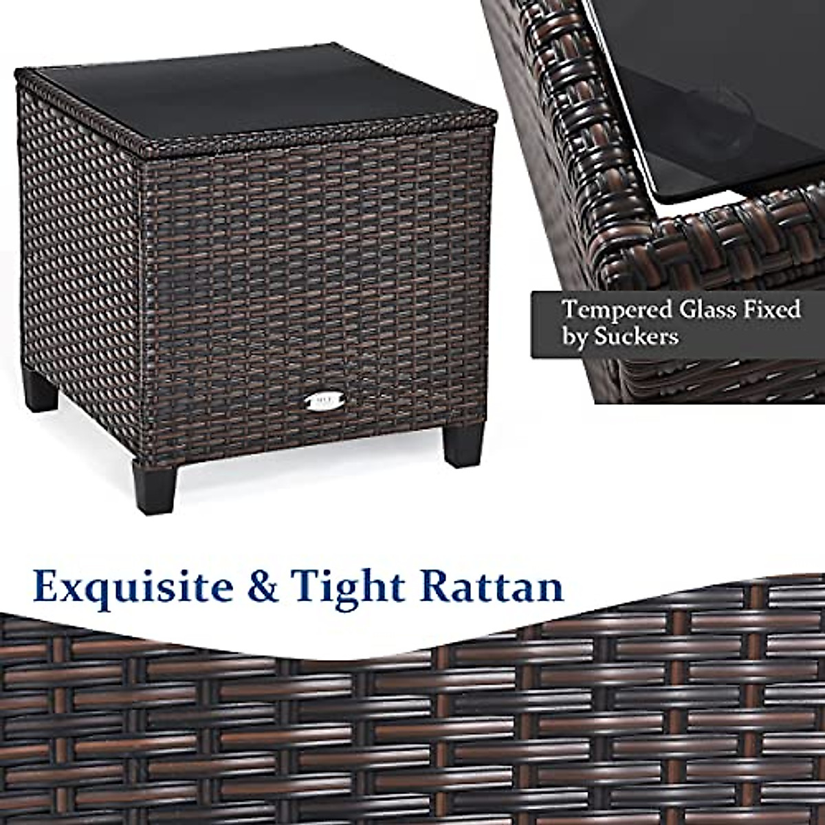 RELAX4LIFE 3 Piece Patio Furniture Set, Wicker Bistro Conversation Set w/ 2 Cushioned Armchairs & Glass Topped Table, Outdoor Rattan Sofa Set Patio Furniture for Porch Balcony Poolside (Black)