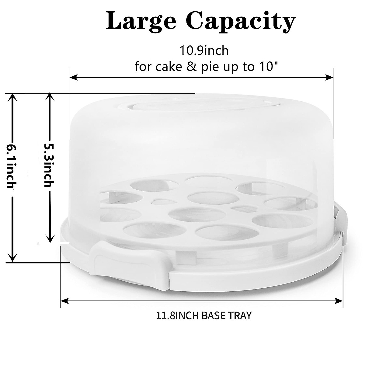 HOYA PONYOO Portable Cake Carrier with Handle, Round Cupcake Holder with Lid, Plastic Storage Container Box fit 10 inch Cake, 3-Locking Muffin and Pies Keeper with Cover (White)