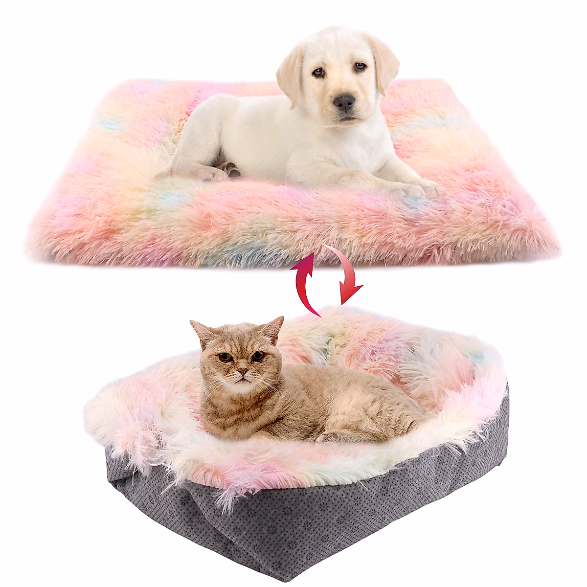 Chintu Rainbow Pet Bed Mat, Washable, Faux Fur, 24 x 20 Inches, for Small Medium Dogs and Cats, 2-in-1 Design