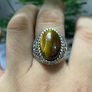 DALEGEM Genuine Yellow Tiger Eye Stone Ring for Men Women,Retro Vintage Quartz Crystal Gemstone Turkish Ring Jewelry Gift for Her Him, silver, Tiger Eye