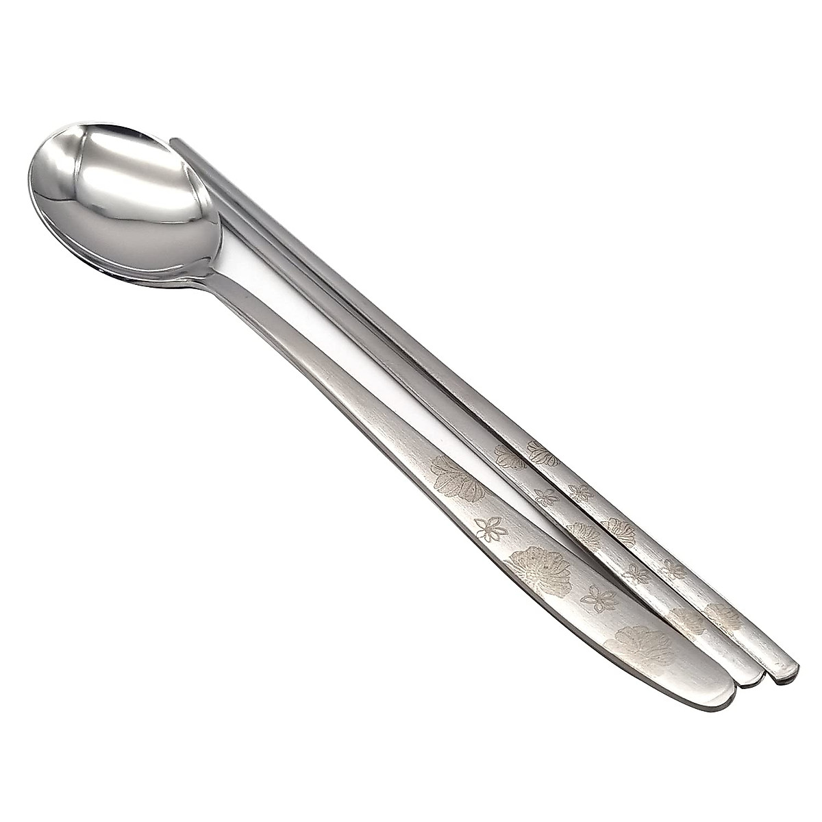SUPIA Korean Traditional Cutlery Stainless Steel Spoons and Chopsticks Set Tableware with Long-hand, Reusable (Silver Flower)