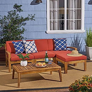 Christopher Knight Home Grenada Sectional Sofa Set | 5-Piece 3-Seater | Includes Coffee Table and Ottoman | Acacia Wood Frame | Water-Resistant Cushions | Teak and Red, Finish