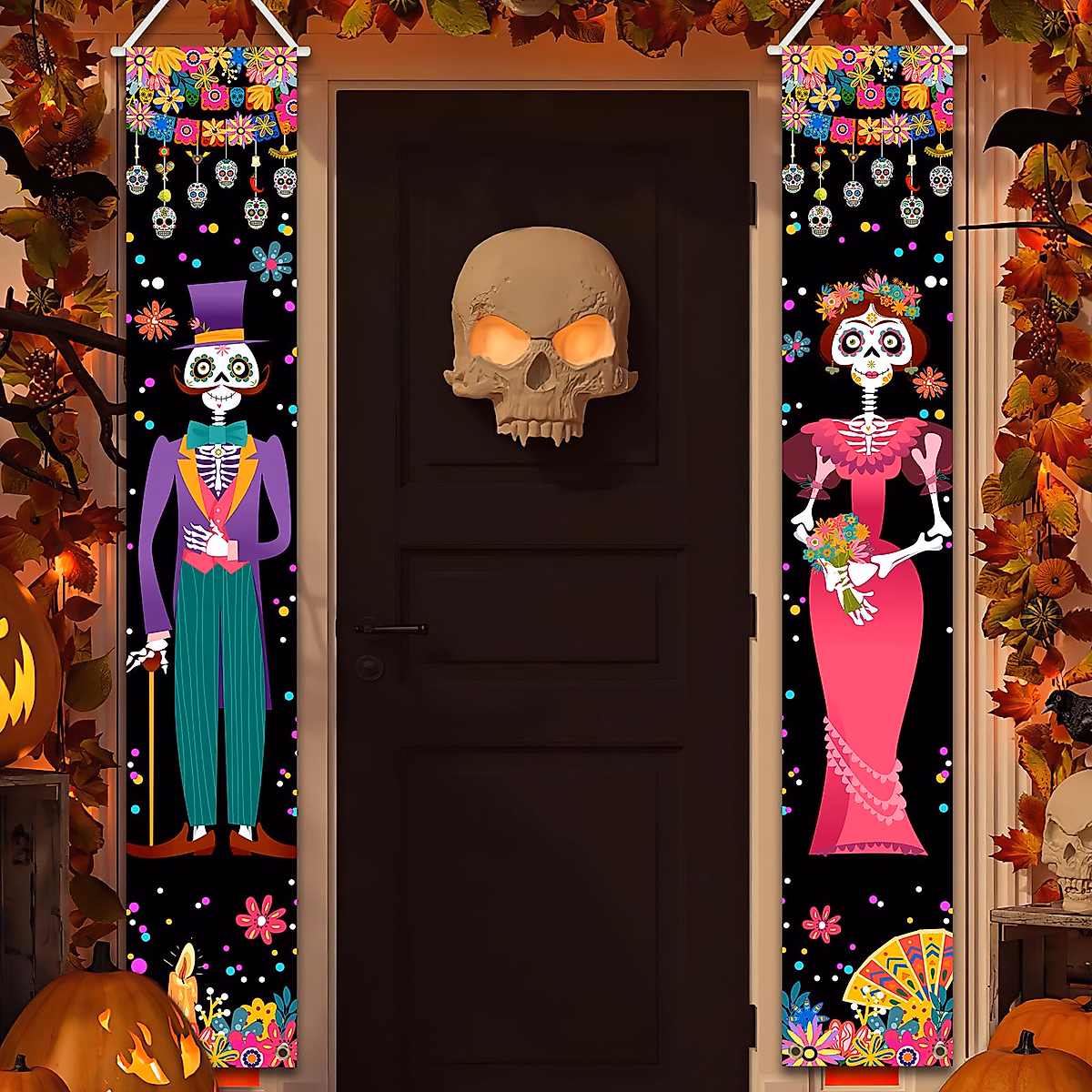Avezano Day of The Dead Banner Mexico Dia De Los Muertos Decorations Mexican Skull Floral Hanging Door Banner Halloween Decorations Outside Indoor