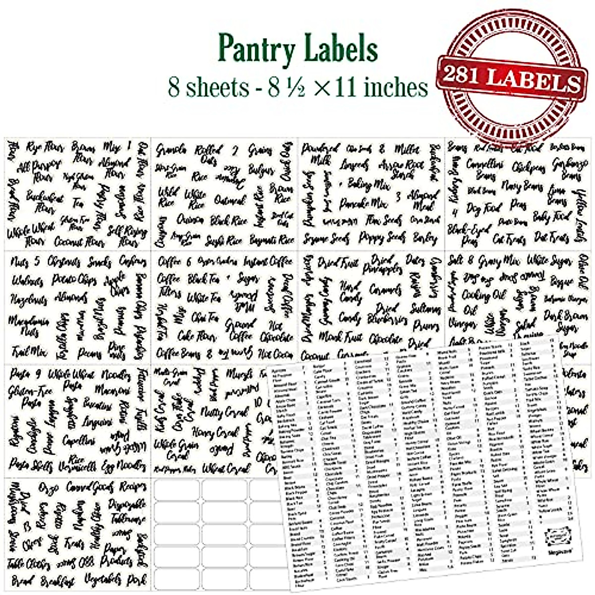 Megavava 266 Pantry Labels+15 Blank Labels 266 Kitchen Pantry Names – Food Label Sticker, Water Resistant Pantry Labels for Containers, Jar Labels Pantry Organization and Storage