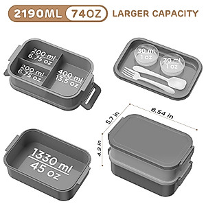DaCool Adults Lunchbox Bento Box - 74 OZ All-in-One Stackable Lunch Box for Adults Men Women Teens Leakproof Bento Large Lunch Box Containers with Fork Spoon Sauce Box for Dining Out Work School,Grey
